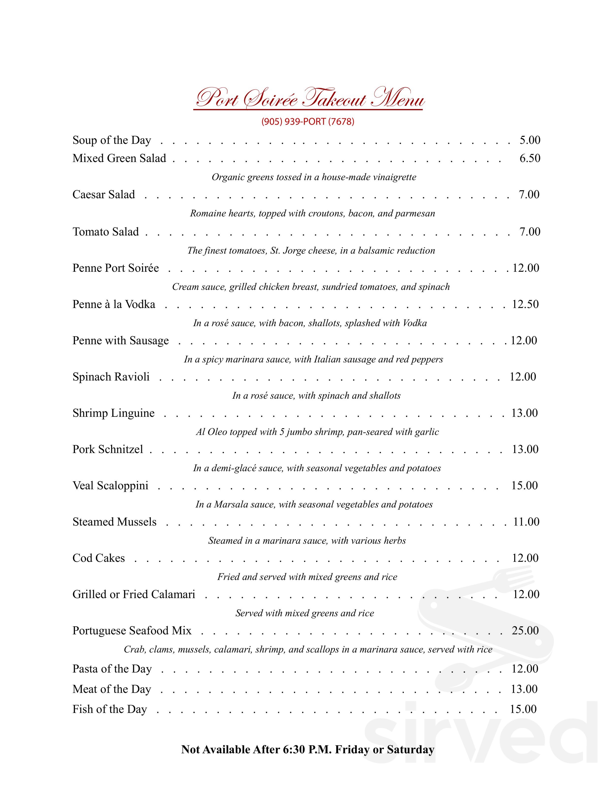 Port Soirée menu in Schomberg, Ontario, Canada