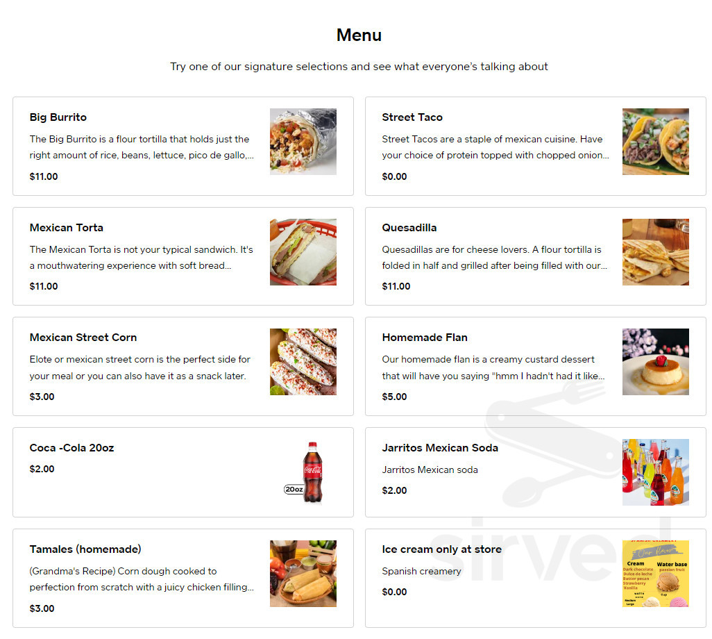 Chido Taco menu in North Charleston, South Carolina, USA
