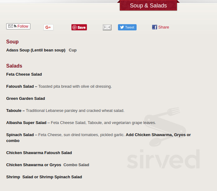 Albasha Greek & Lebanese menu in Baton Rouge, Louisiana, USA