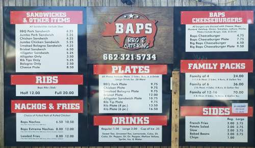 Baps BBQ menu in Pontotoc, Mississippi, USA