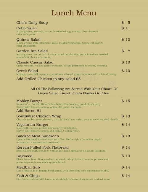 Garden Grille And Bar menu in Ottawa, Ontario, Canada