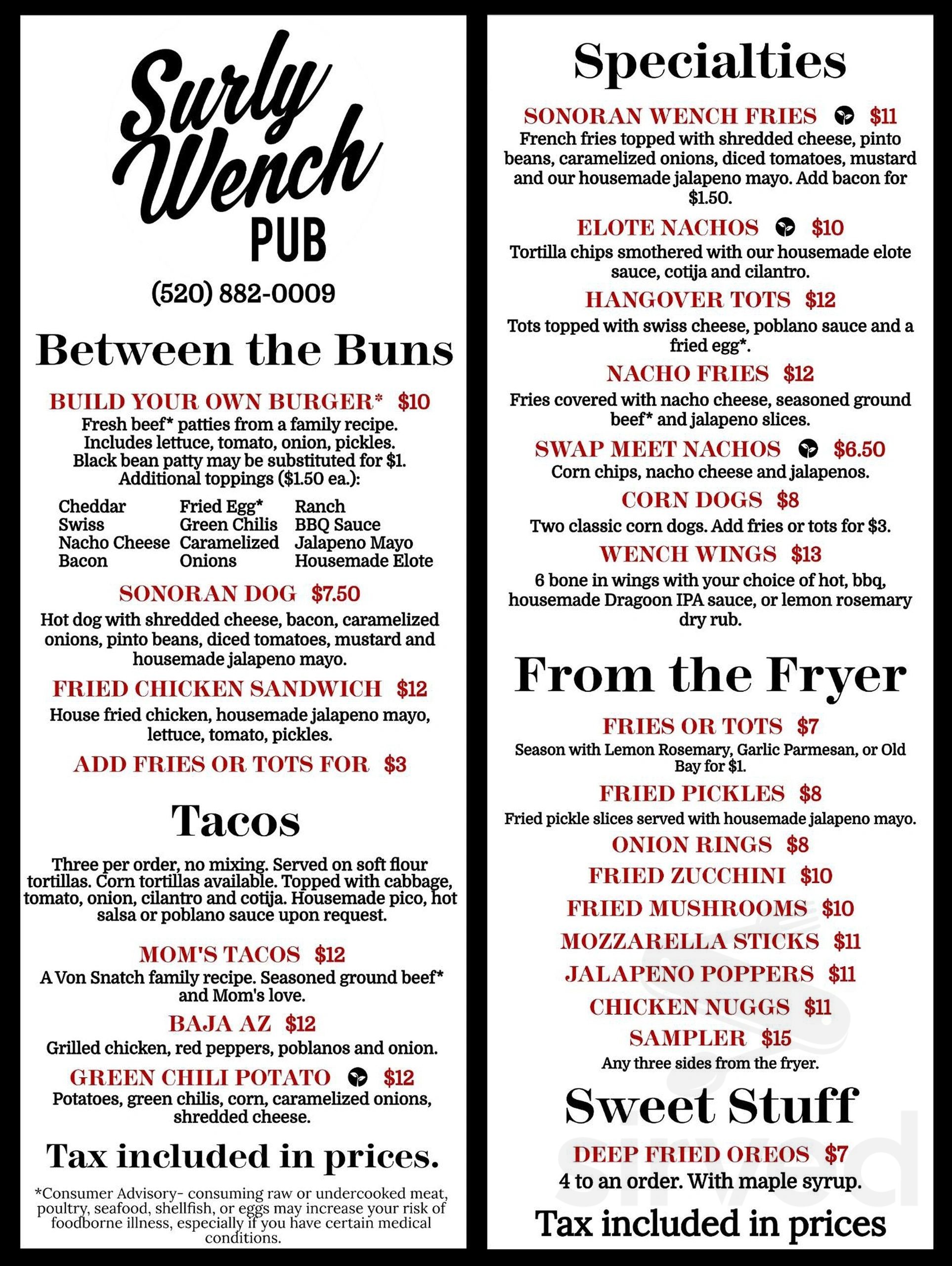 Surly Wench Pub menu in Tucson, Arizona, USA