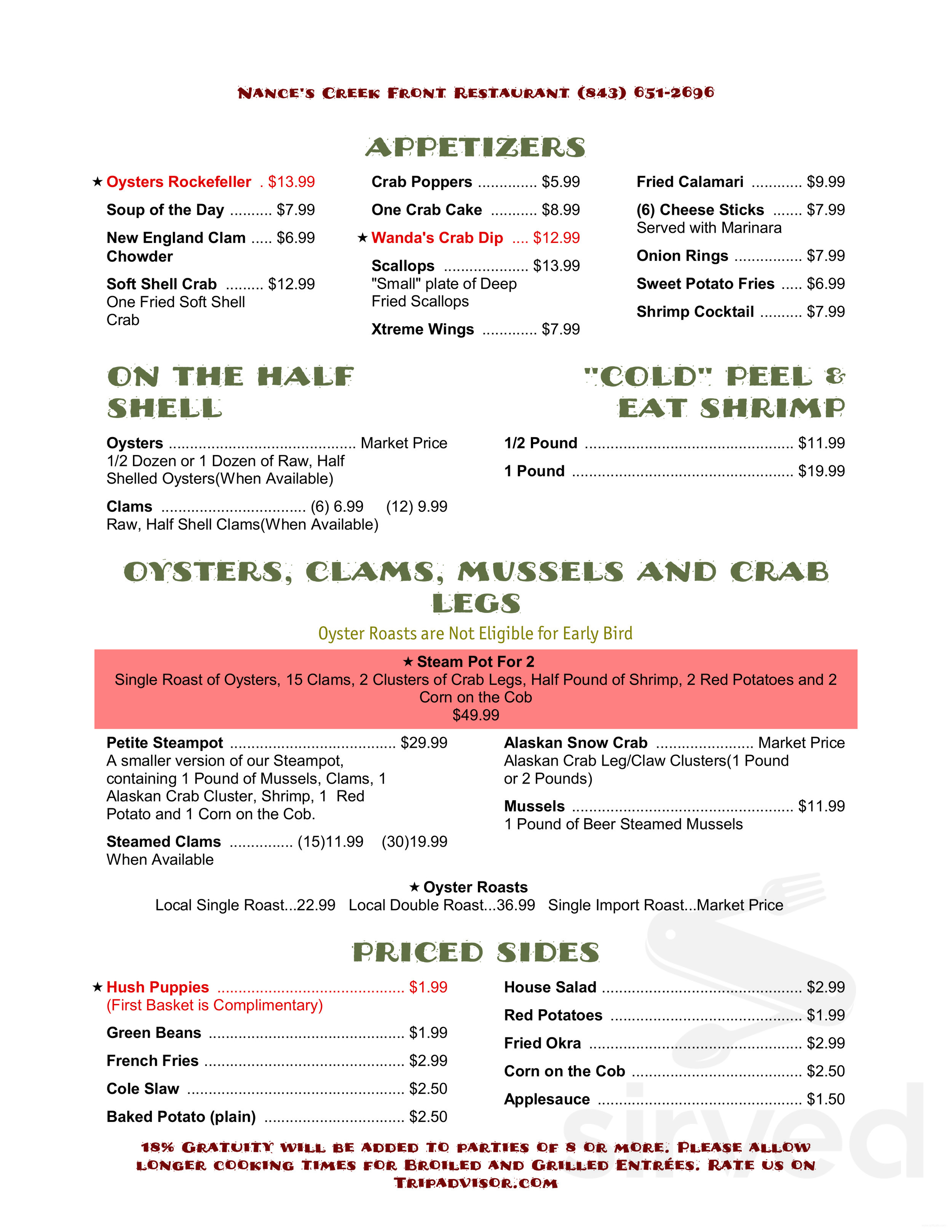 Nance's Creekfront Restaurant menus in Murrells Inlet, South Carolina ...
