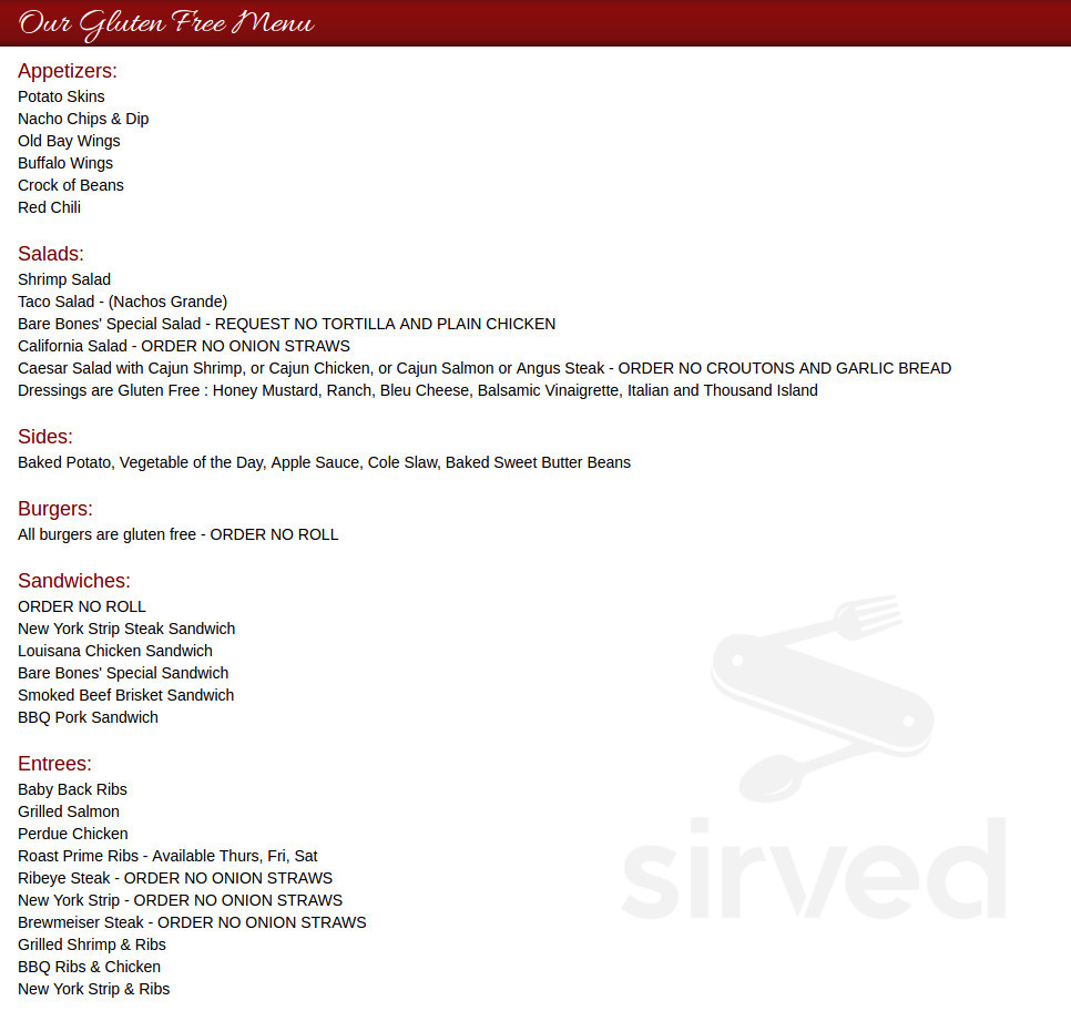 Bare Bones Bar & Grill menu in Ellicott City, Maryland, USA