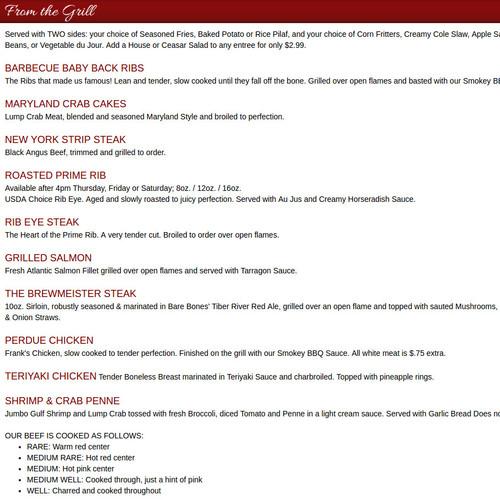Bare Bones Bar & Grill menu in Ellicott City, Maryland, USA