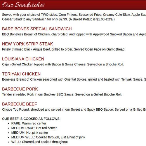 Bare Bones Bar & Grill menu in Ellicott City, Maryland, USA