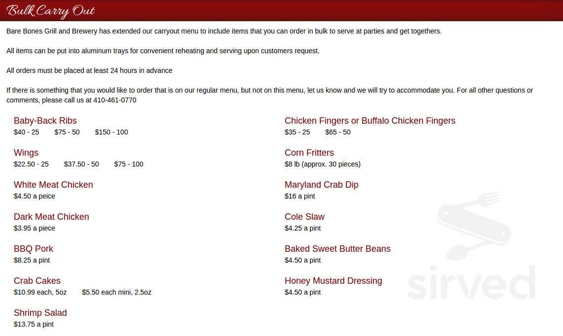 Menu for Bare Bones Bar & Grill in Ellicott City, MD | Sirved