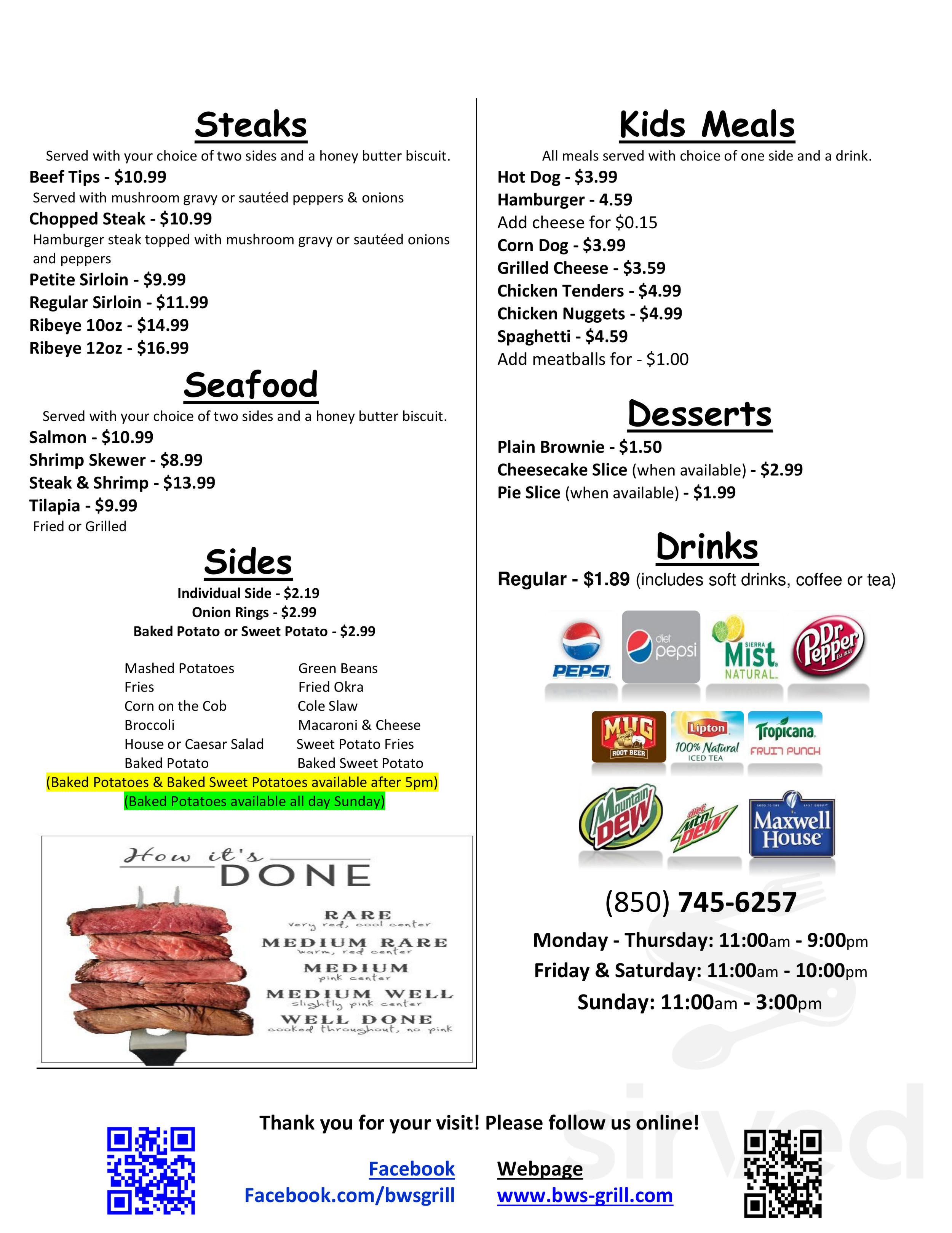 BW's Grill menu in Crawfordville, Florida, USA