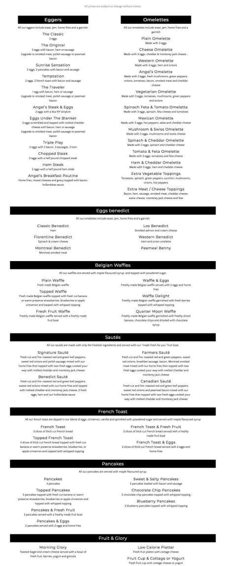 Angel's Diner - Family Restaurant London menu in London, Ontario, Canada