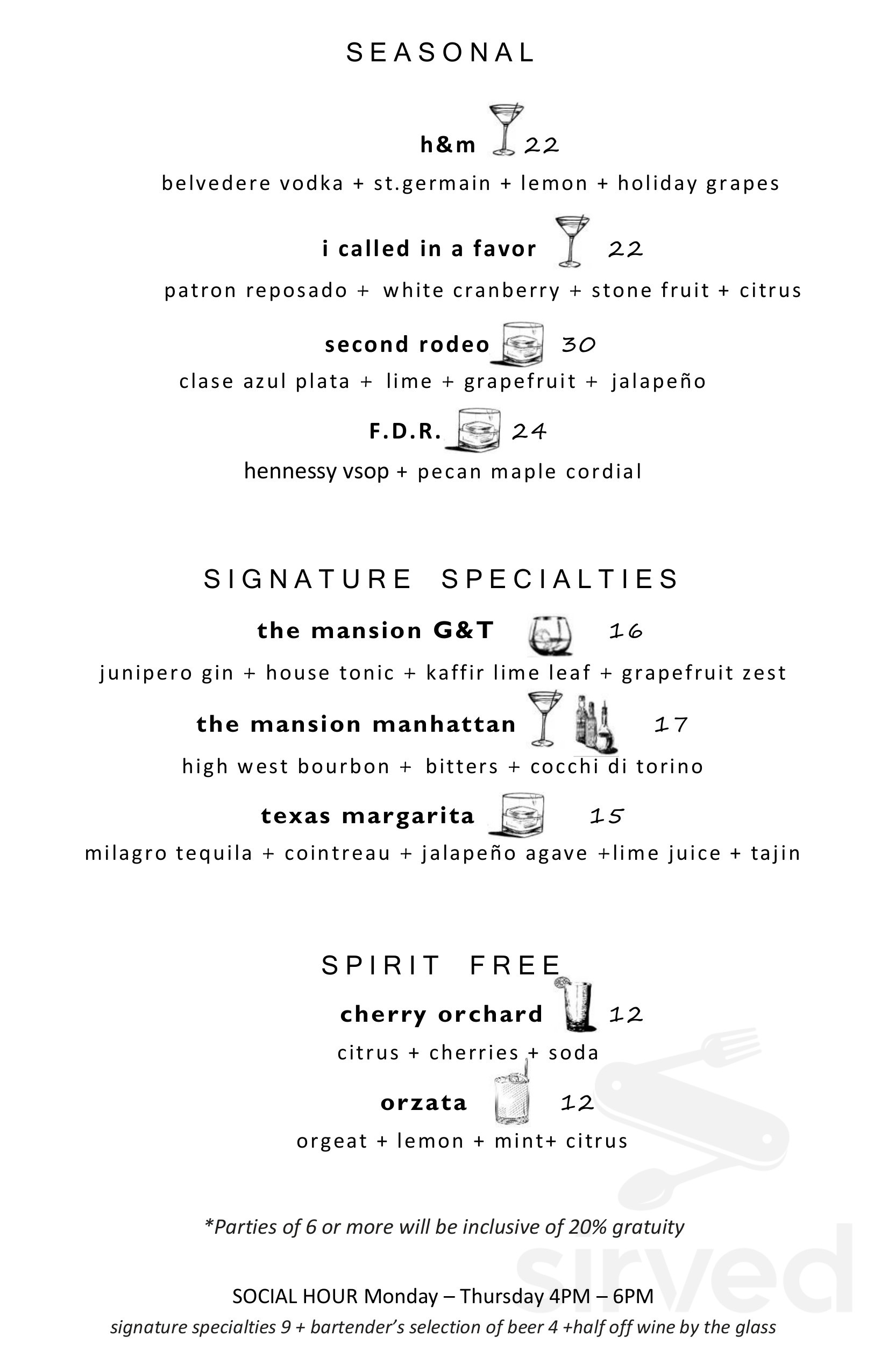 The Mansion Bar menu in Dallas, Texas, USA