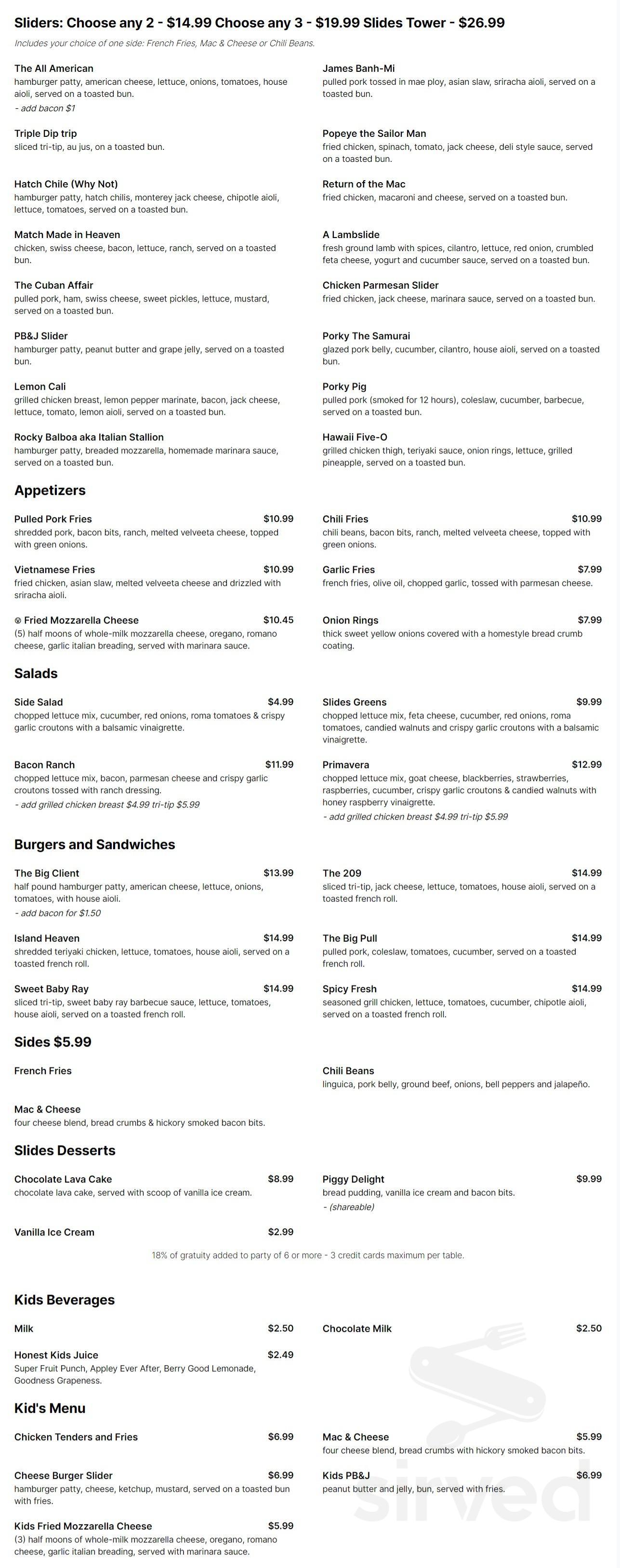 Slides Restaurant menu in Manteca, California, USA