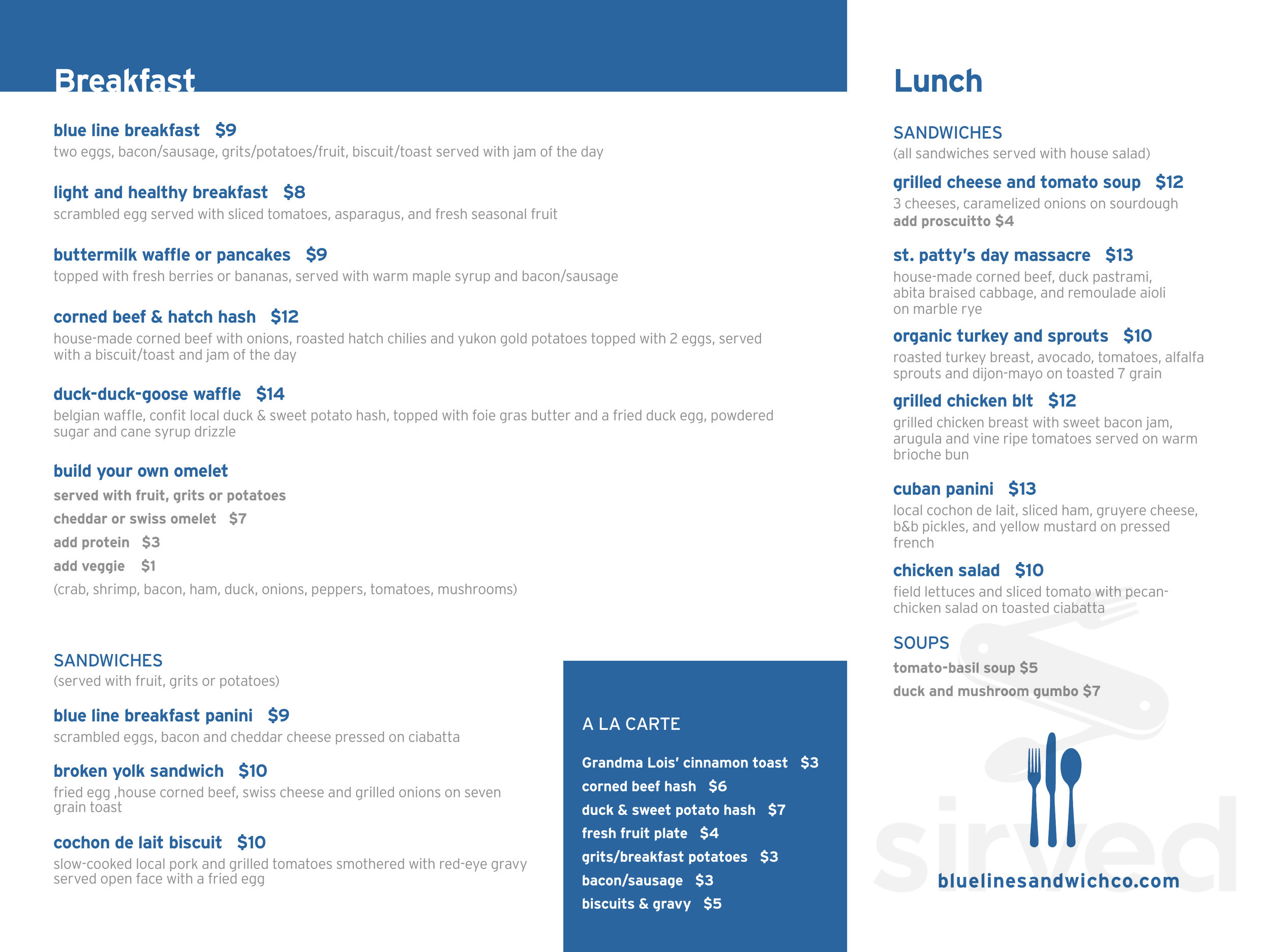 Blue Line Sandwich Co. menu in Metairie, Louisiana, USA