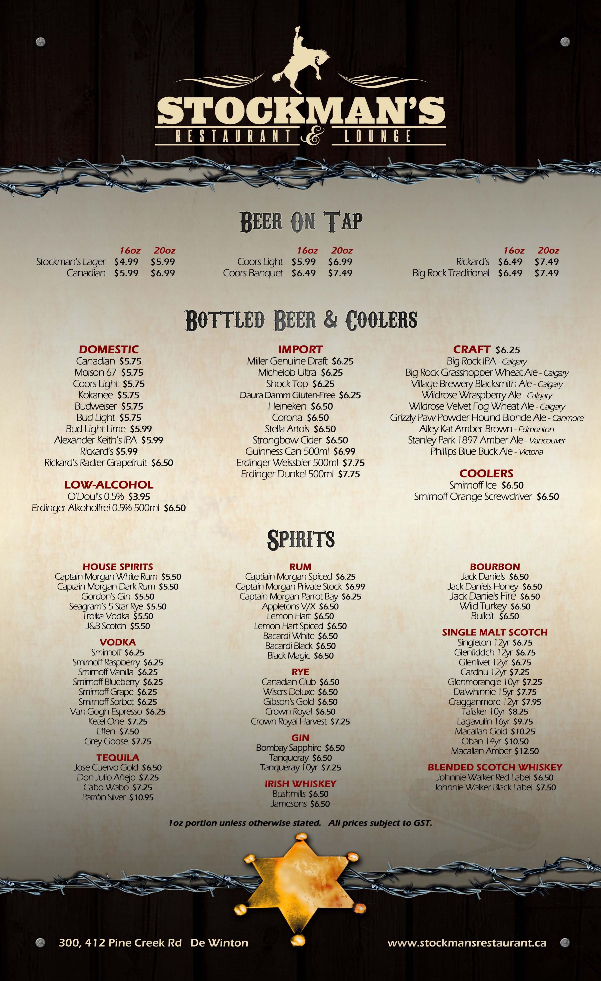 Stockman's Restaurant & Lounge menu in Heritage Pointe, Alberta, Canada