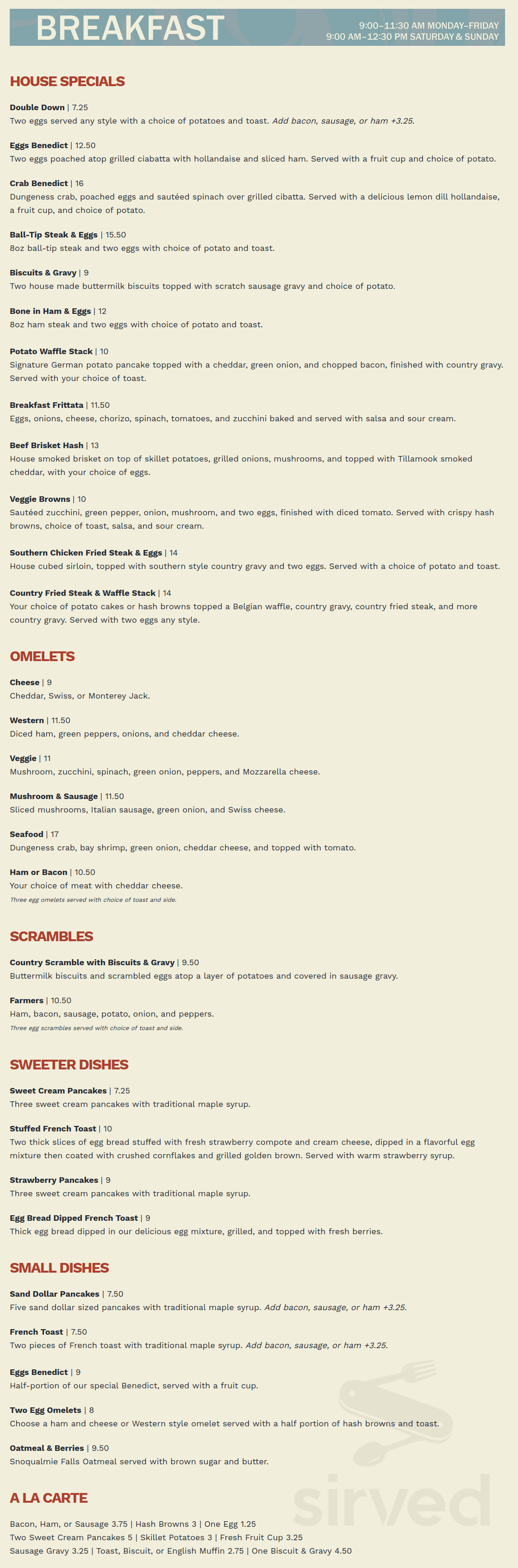 The House of Seven Brothers menu in Sequim, Washington, USA