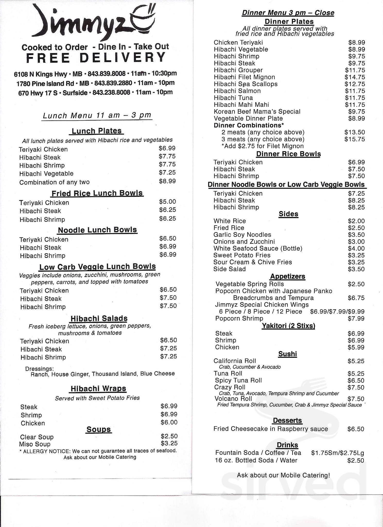 Menu for Jimmyz Original Hibachi House in Myrtle Beach, SC | Sirved
