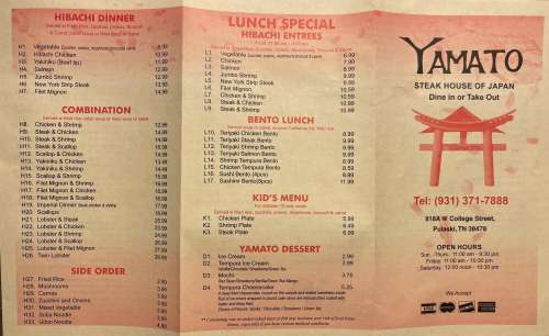 YAMATO JAPANESE STYLE menu in Pulaski, Tennessee, USA
