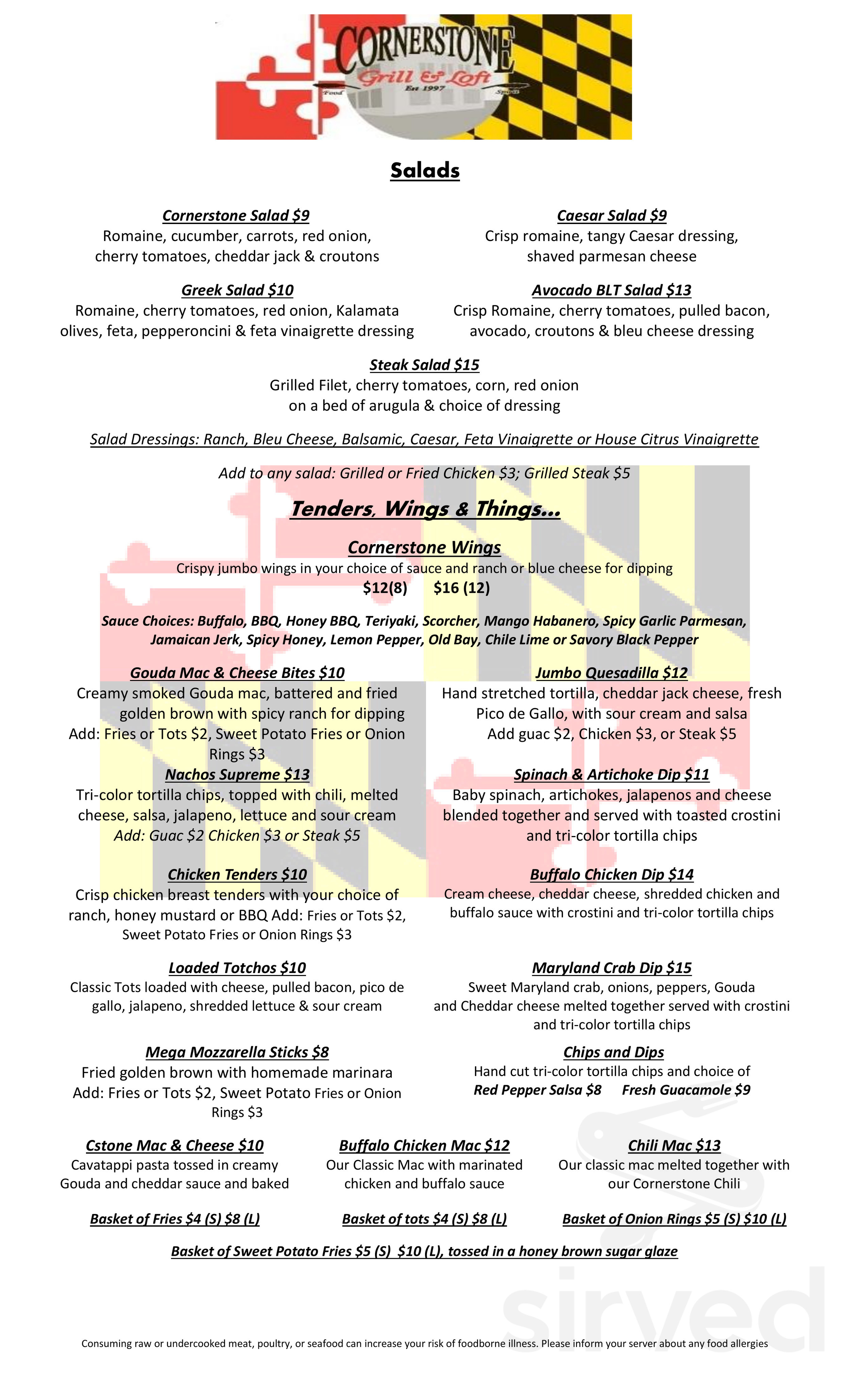 Cornerstone Grill & Loft menu in College Park, Maryland, USA