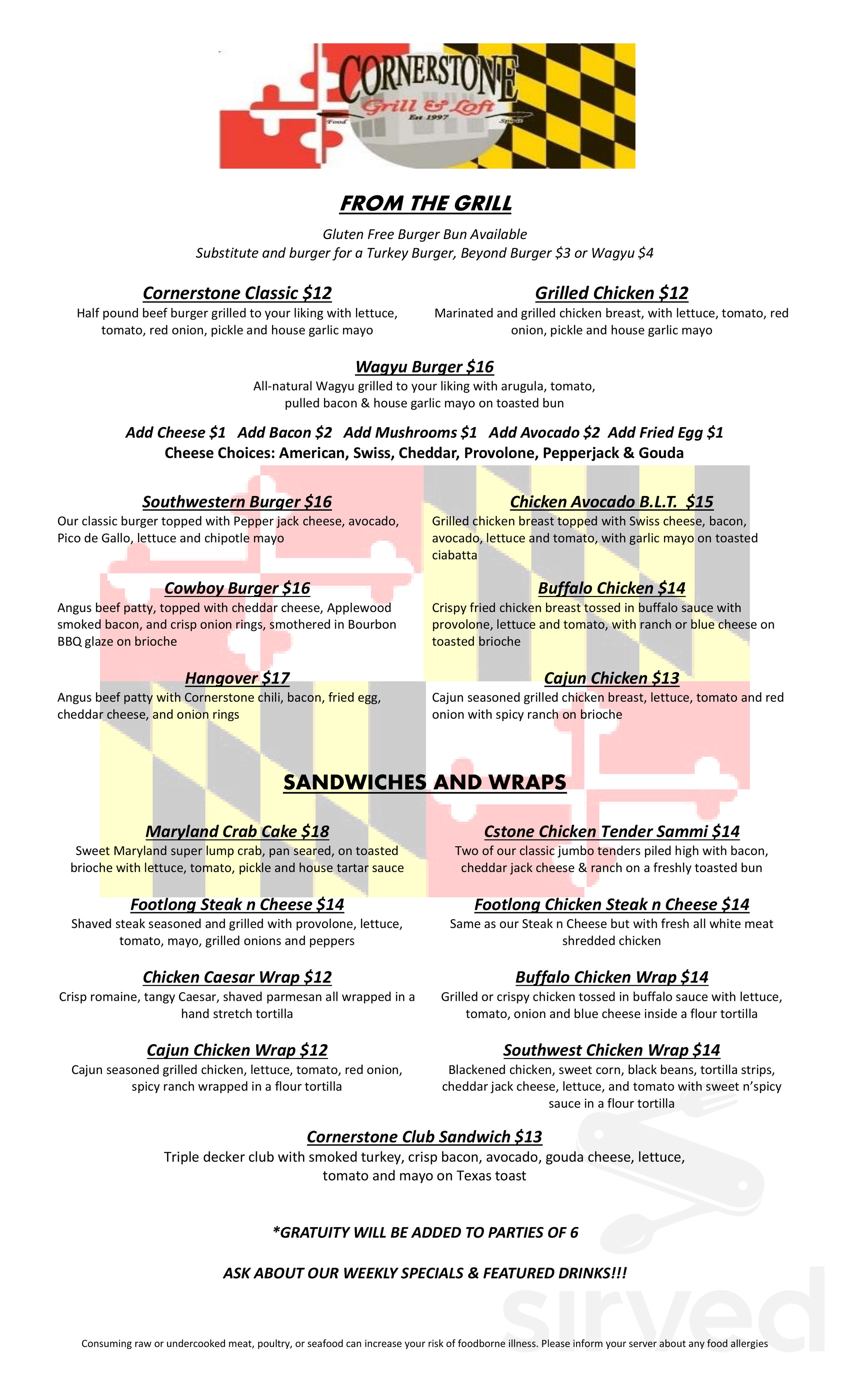 Cornerstone Grill & Loft menu in College Park, Maryland, USA