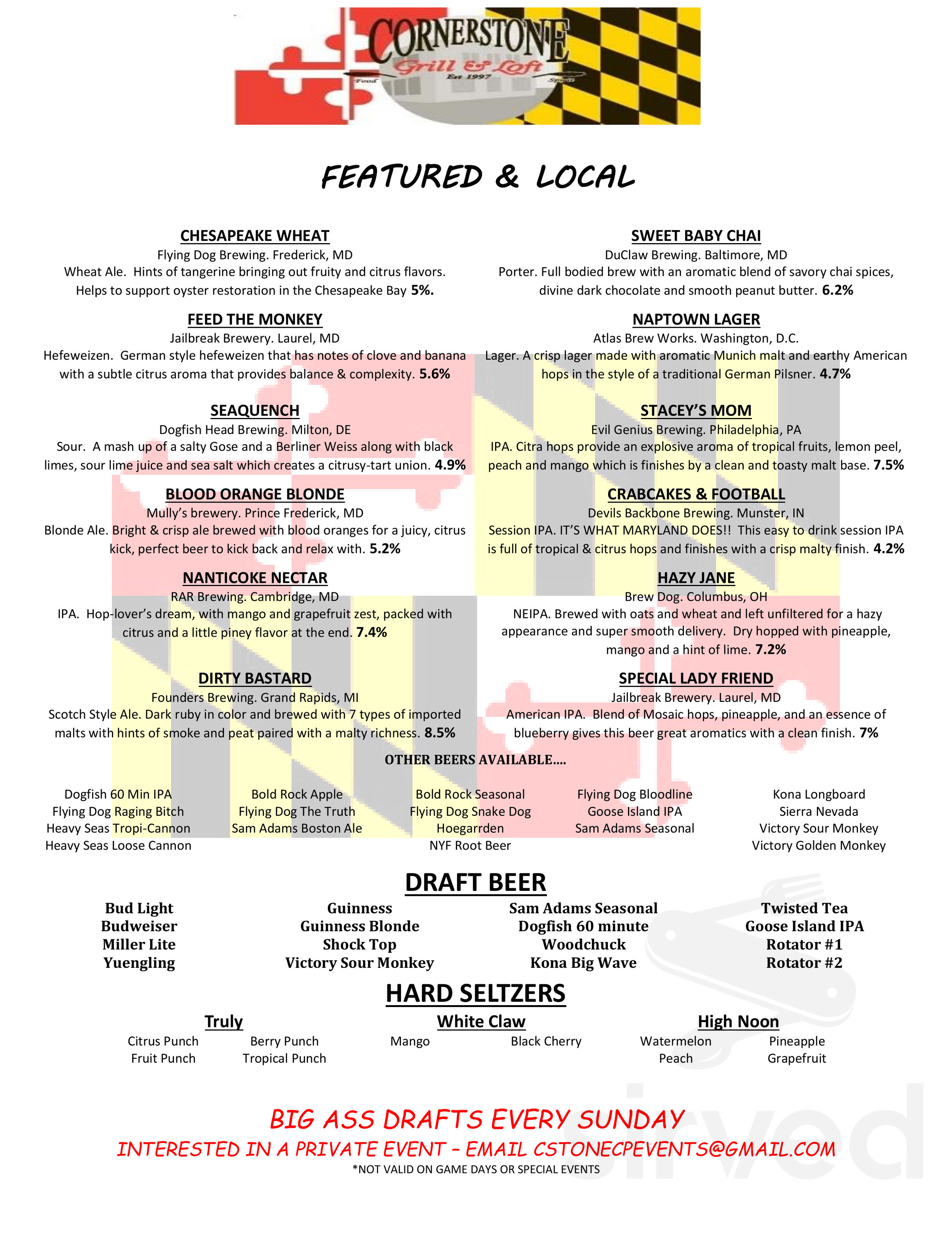 Cornerstone Grill & Loft menu in College Park, Maryland, USA