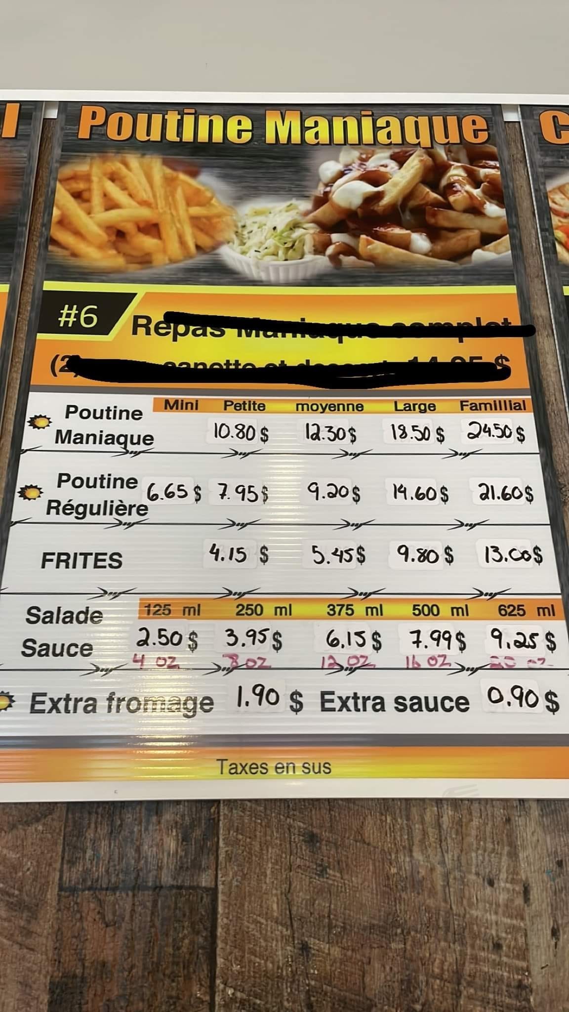 Poulet Frit Maniaque menu in Marieville, Quebec, Canada
