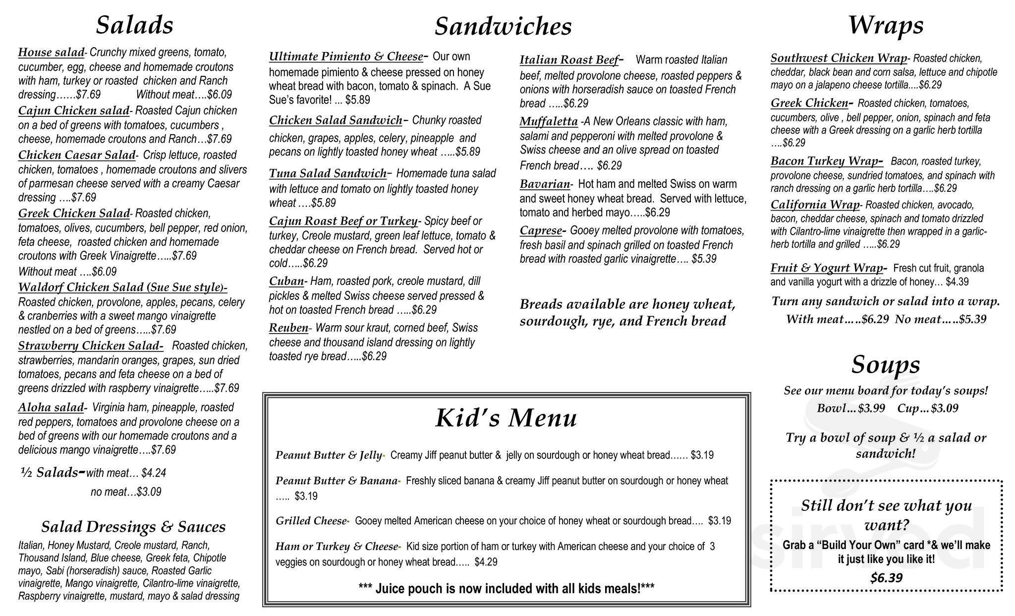 Sue Sue's Sandwich Shop menu in Lawrenceburg, Tennessee, USA