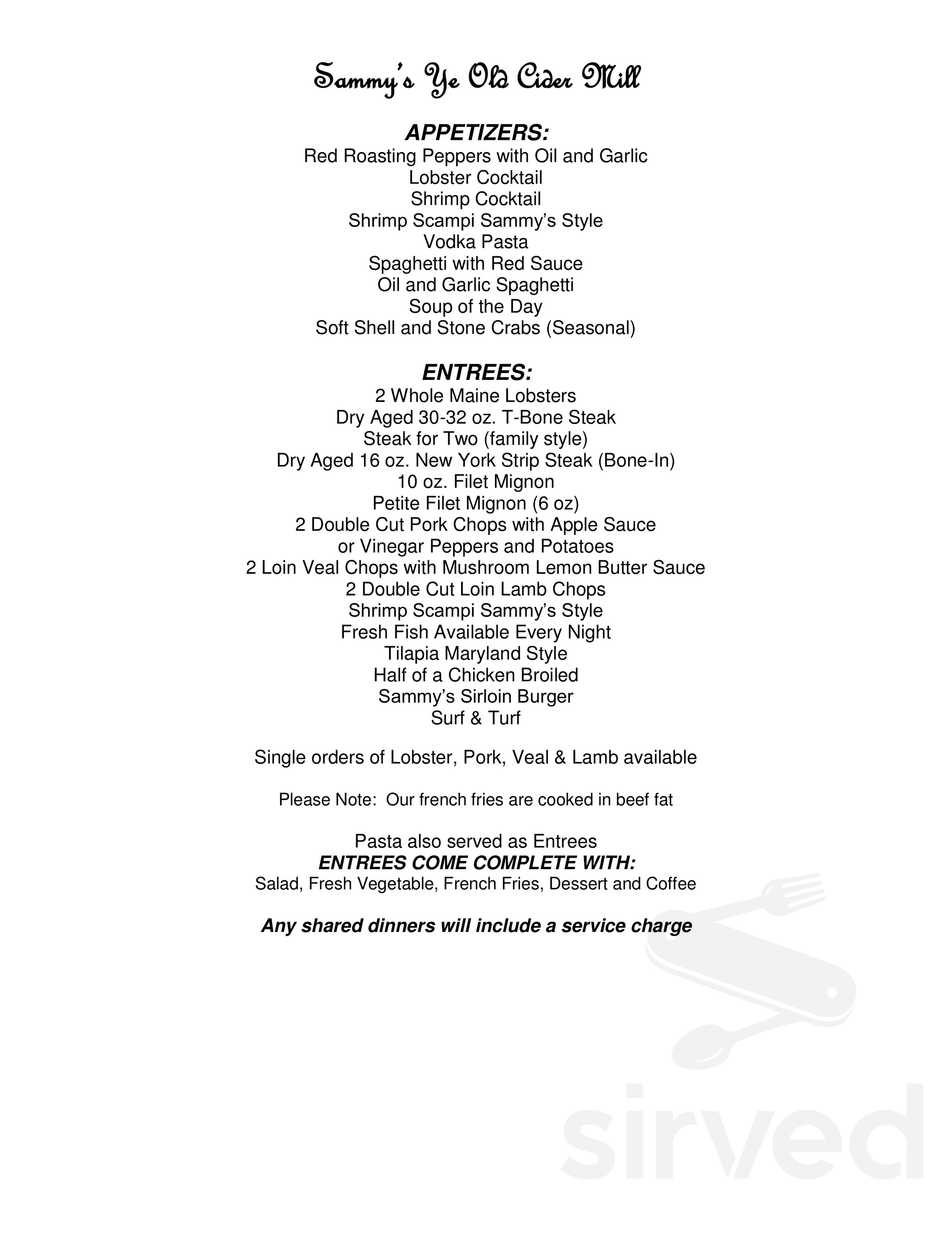 Sammy's Ye Old Cider Mill Menu - Mendham Township, New Jersey | Sirved