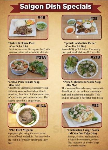 Saigon Dish Vietnamese Restaurant menu in Lawndale, California, USA