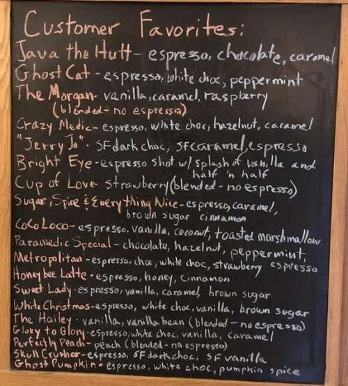 Milltown Java menu in Princeton, North Carolina, USA