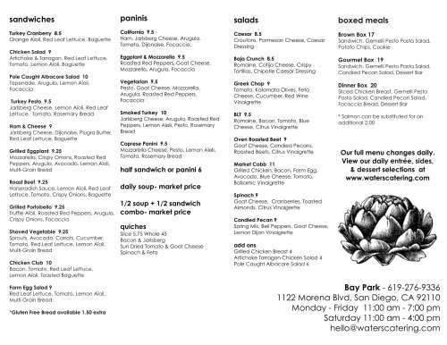 Waters Fine Foods operated by Urban Kitchen Group menu in San Diego ...