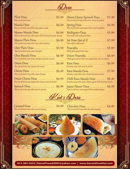 Dosa Hut menu in Tampa, Florida, USA