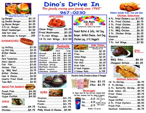 Dino's Drive-In menu in Winter Haven, Florida, USA