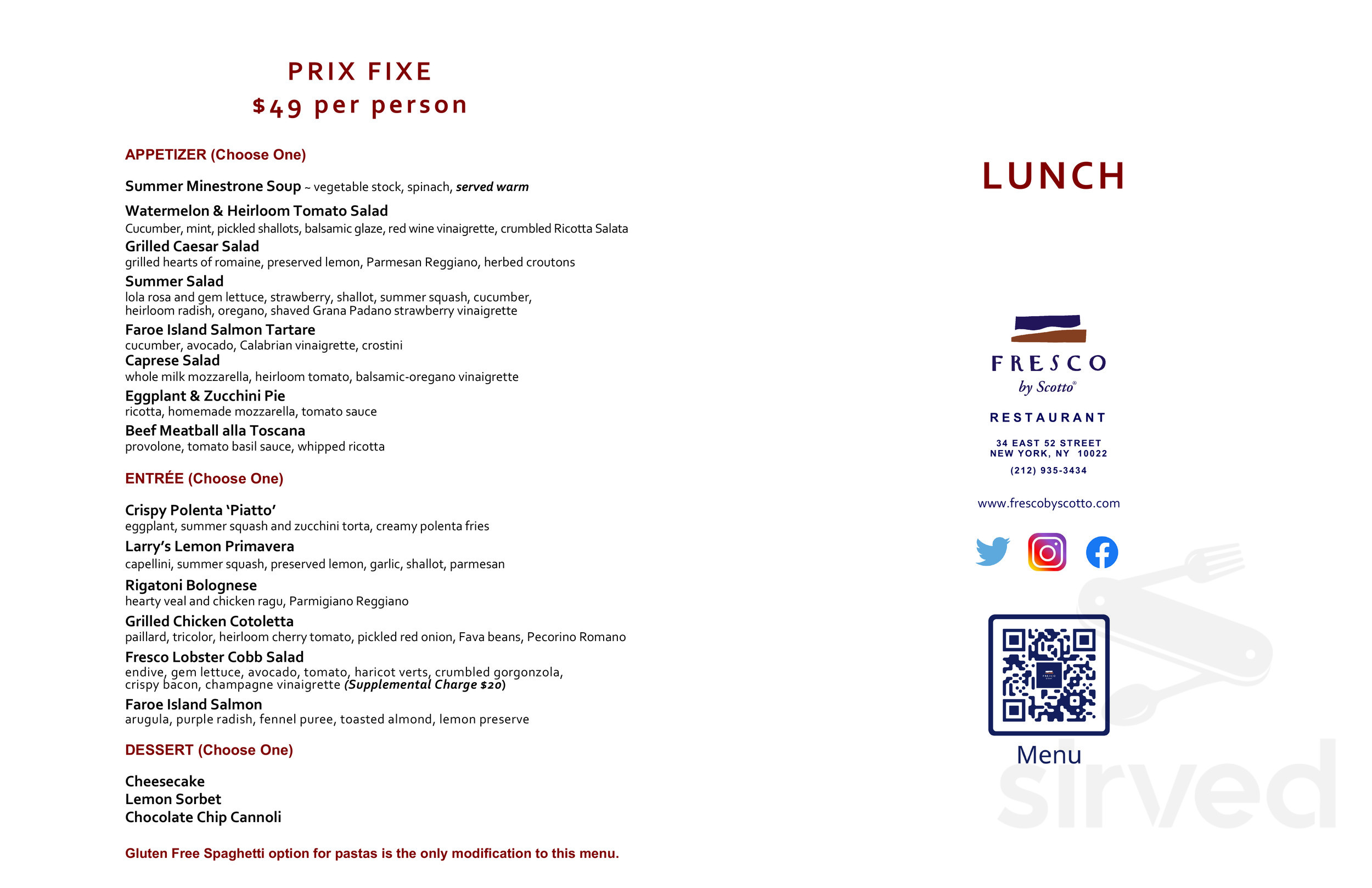 Menu for Fresco by Scotto in New York, NY | Sirved