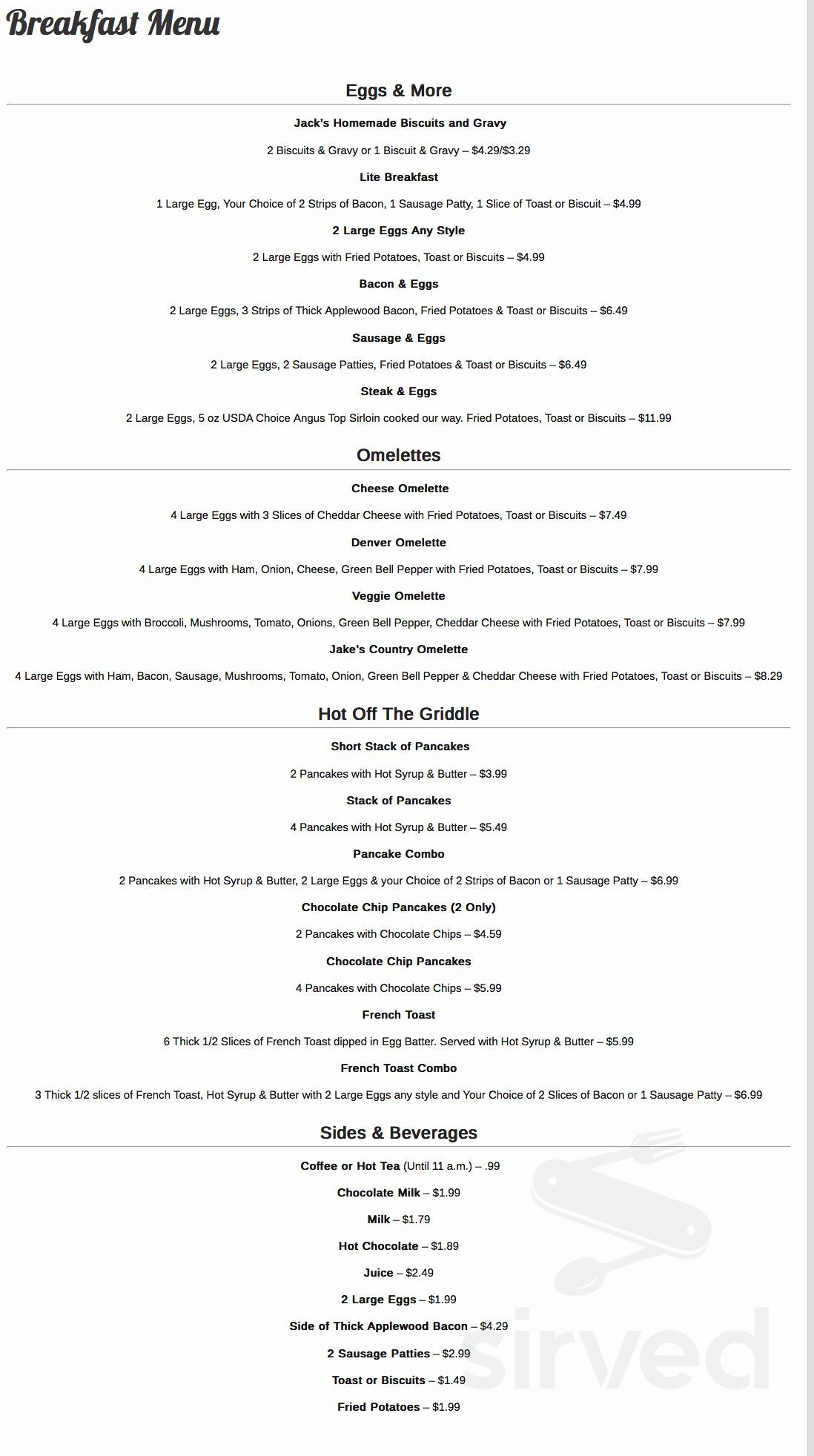 Buckeye Jake's Eatery menu in West Alexandria, Ohio, USA