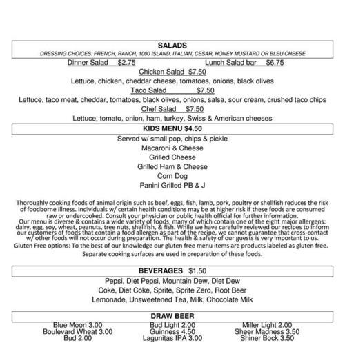 The River Tap menu in Iowa Falls, Iowa, USA