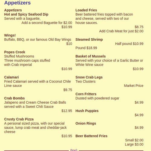Captain Billy's Crab House menu in Newburg, Maryland, USA