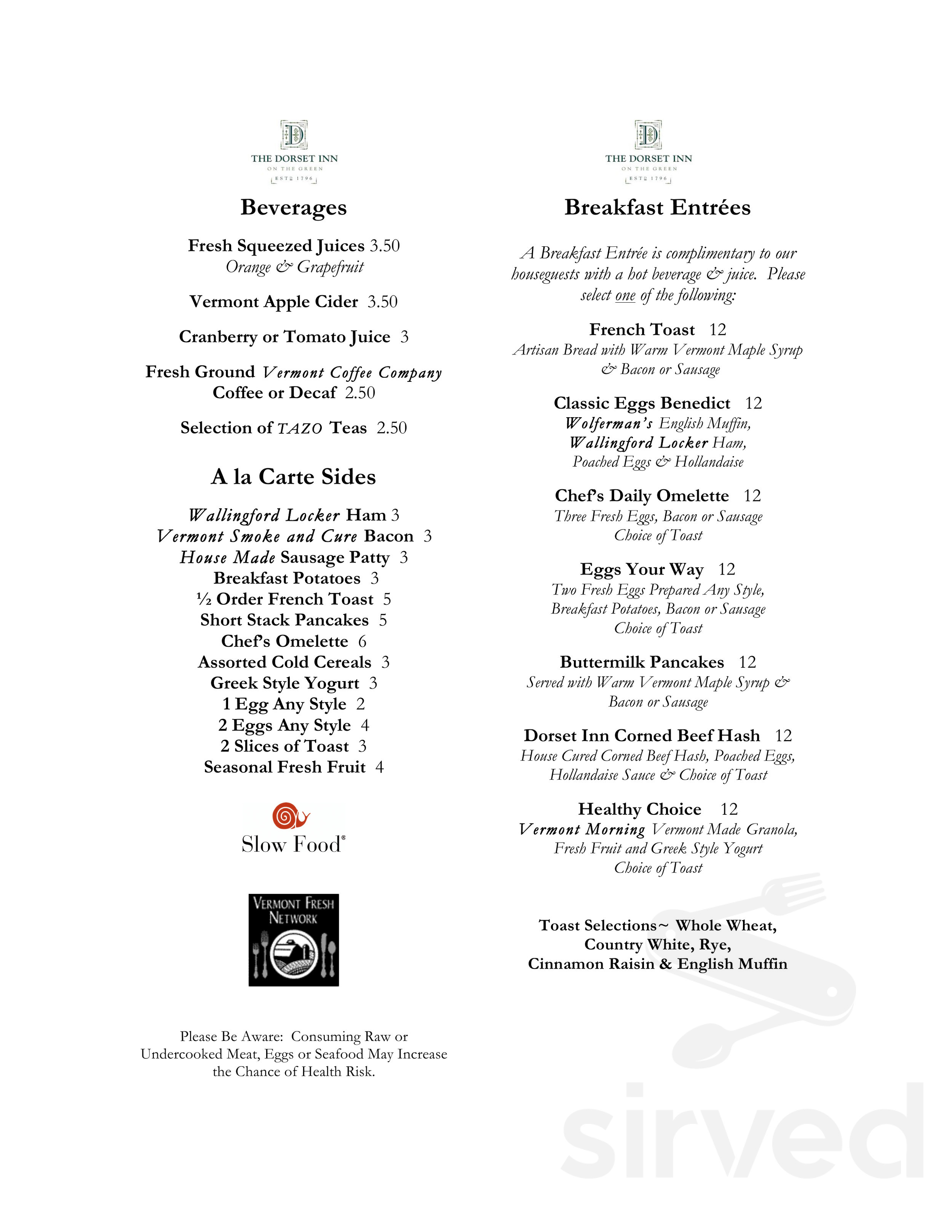 The Dorset Inn menu in Dorset, Vermont, USA