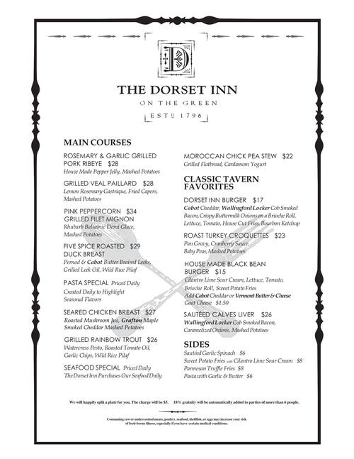 The Dorset Inn menu in Dorset, Vermont, USA