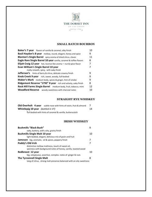 The Dorset Inn menu in Dorset, Vermont, USA