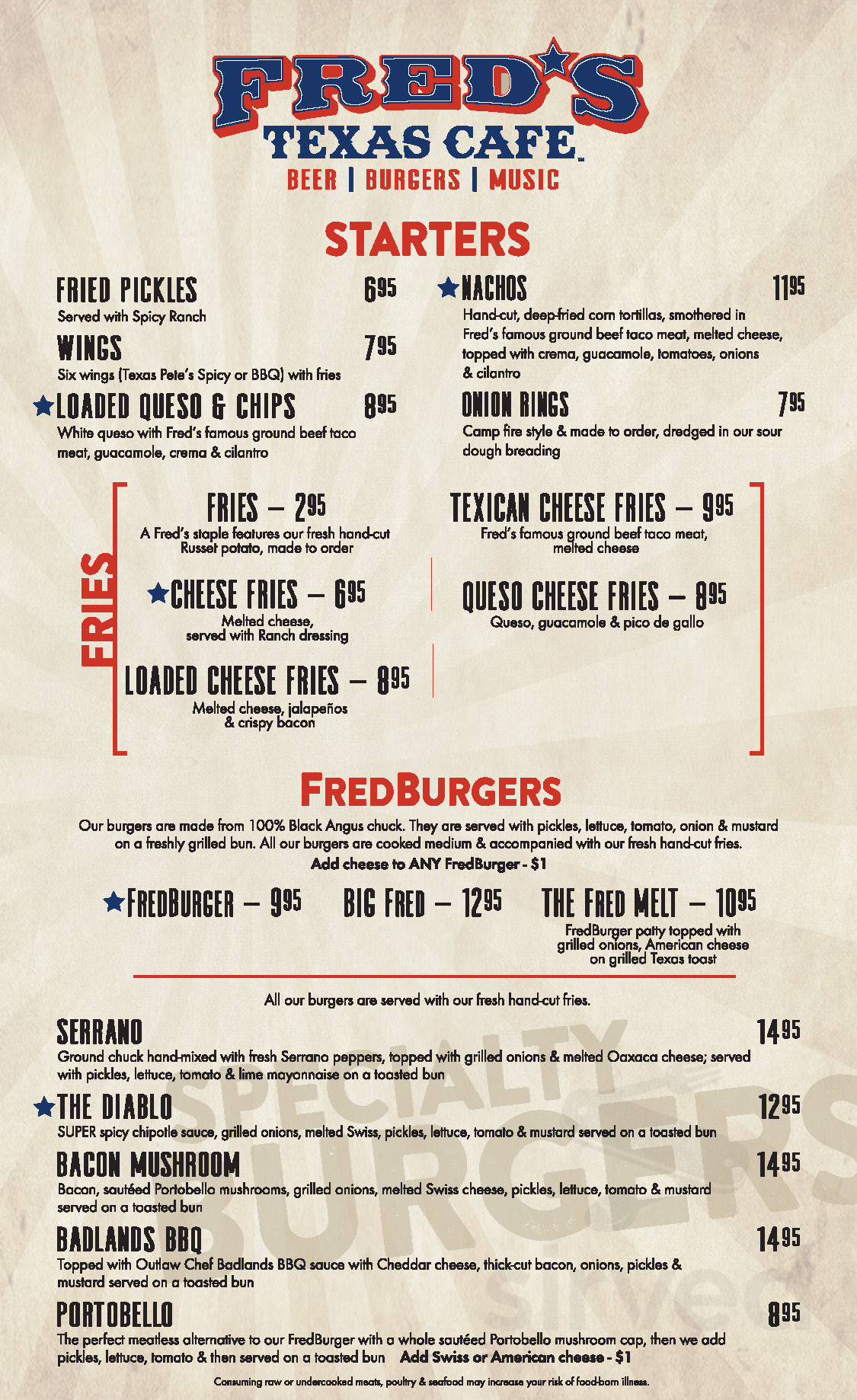 Fred's Texas Cafe - Western Center menu in Fort Worth, Texas, USA