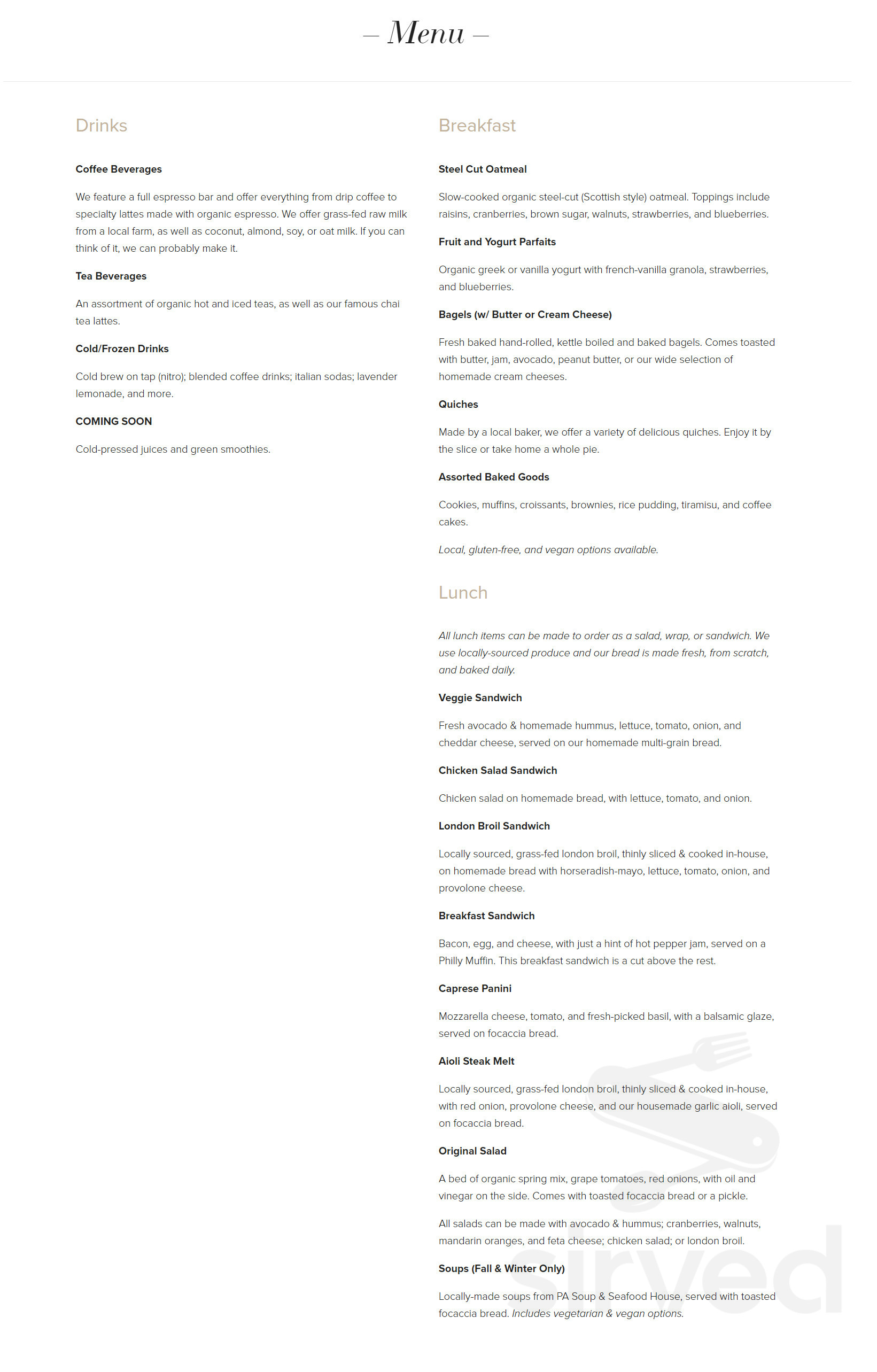 Brig O'Doon Coffee House menu in Ottsville, Pennsylvania, USA