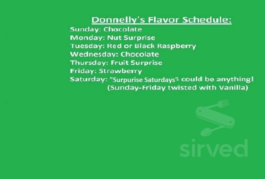 Donnelly's Soft Ice Cream menu in Saranac Lake, New York, USA