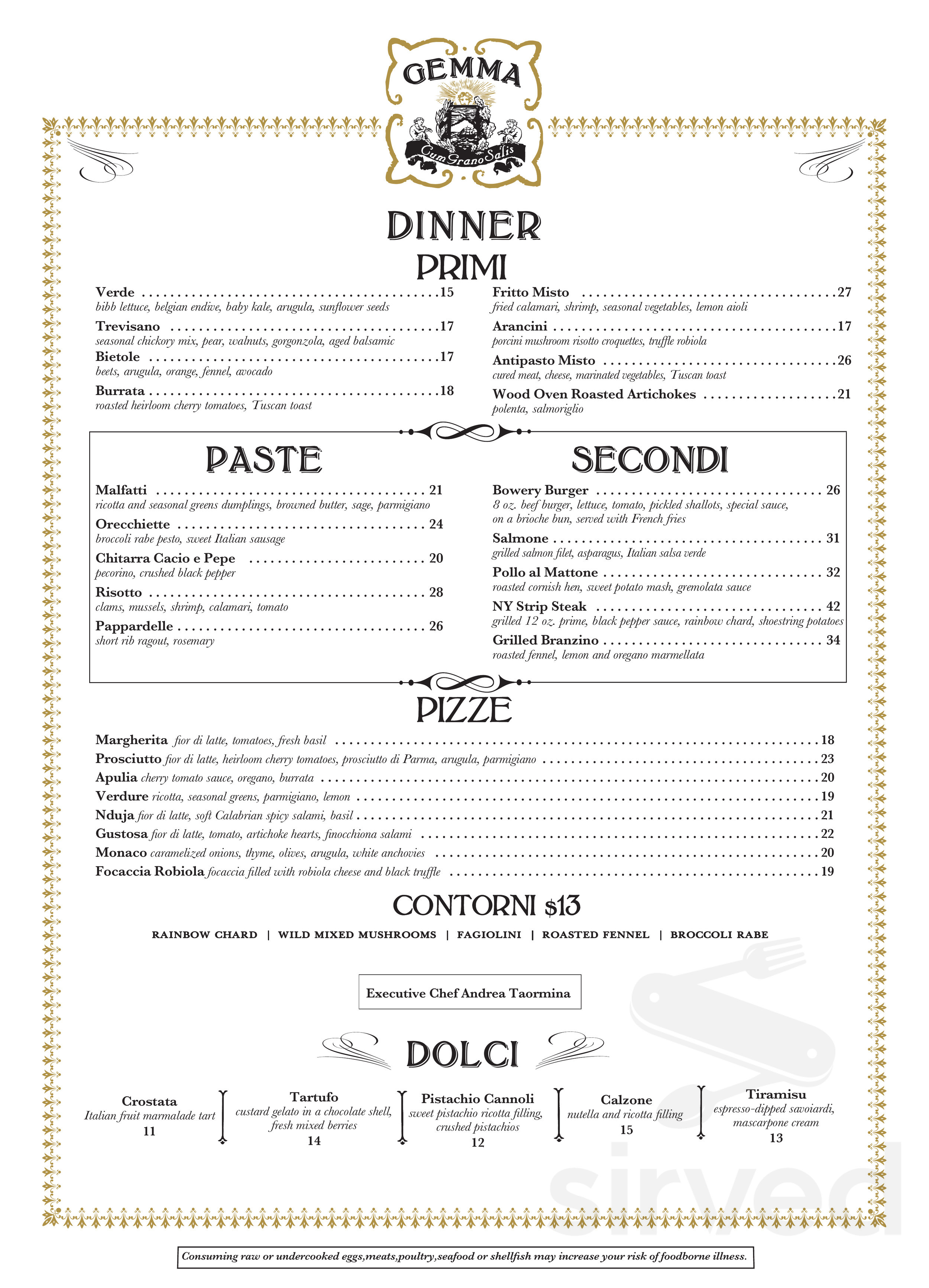 Gemma menu in New York, New York, USA