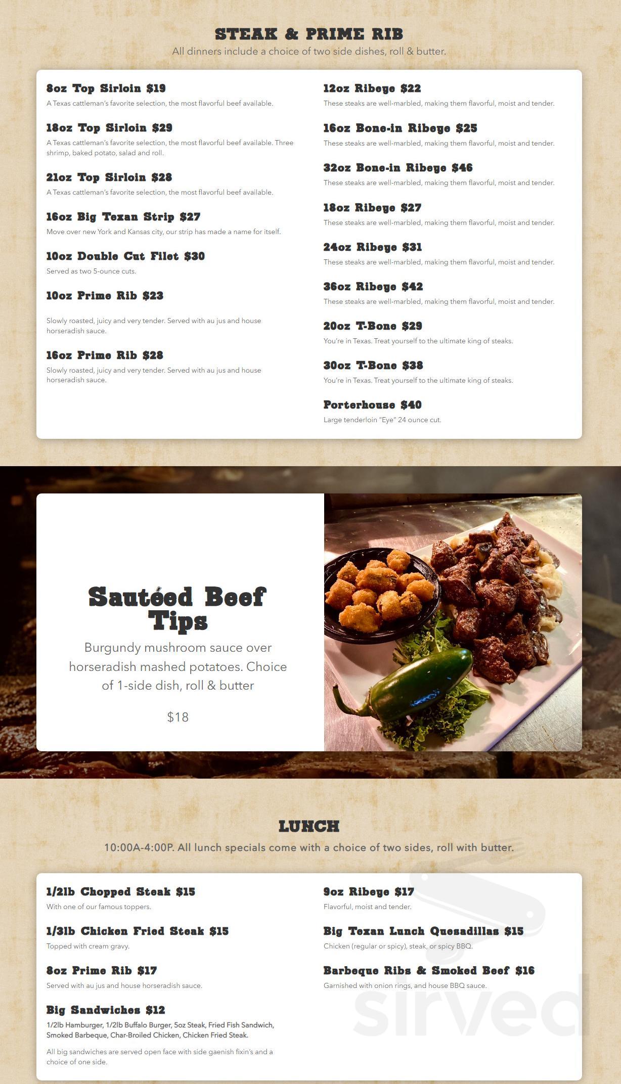 Menu - Amarillo TX's Big Texan Brewery | Sirved