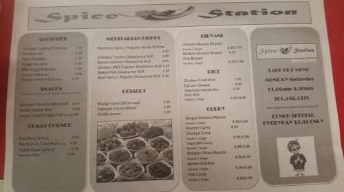 Spice Station Indian Cuisine menu in Kingsville, Texas, USA