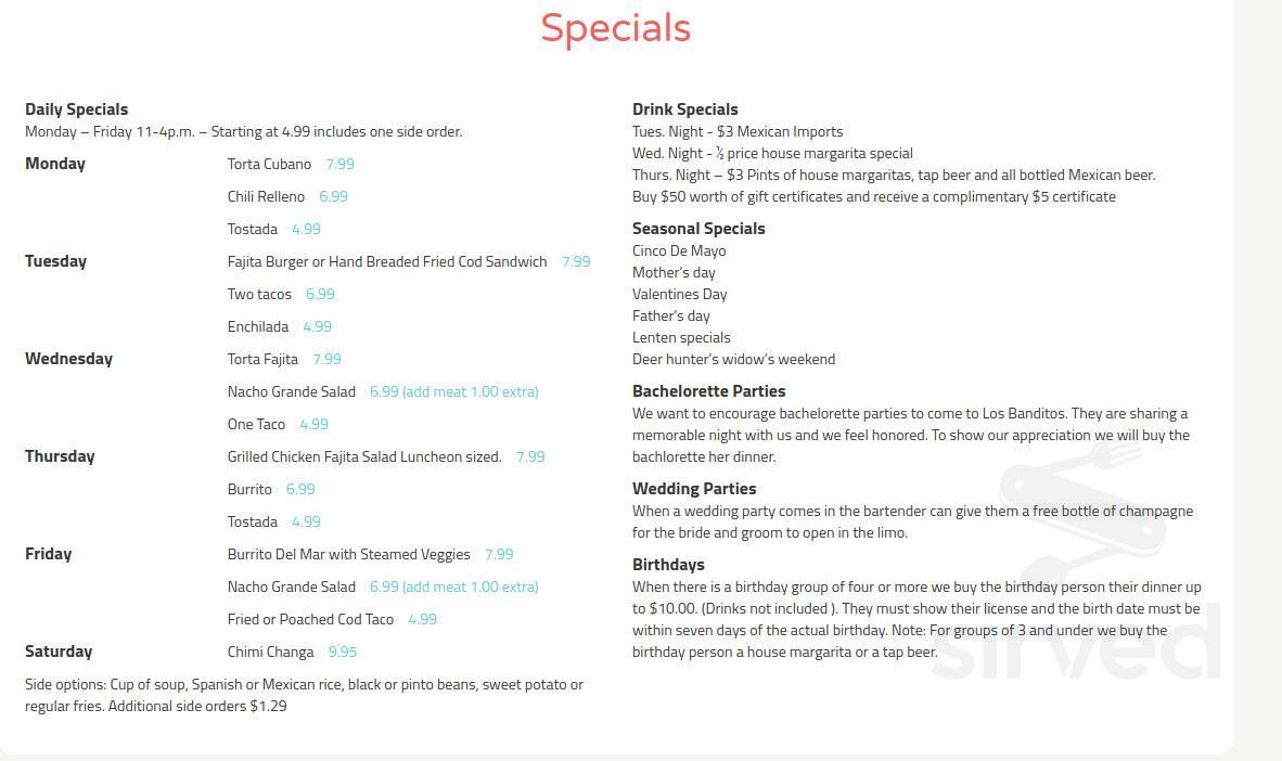 Menu for Los Banditos in Green Bay, WI | Sirved
