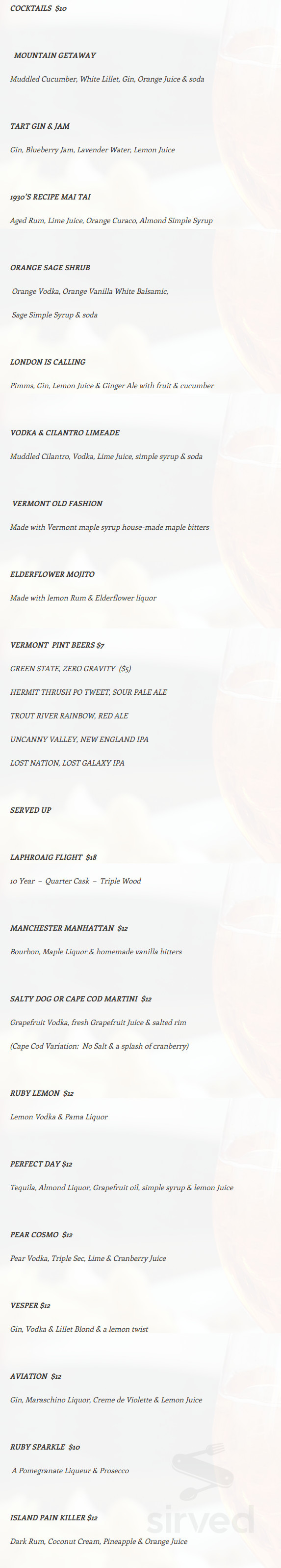 The Silver Fork menu in Manchester, Vermont, USA