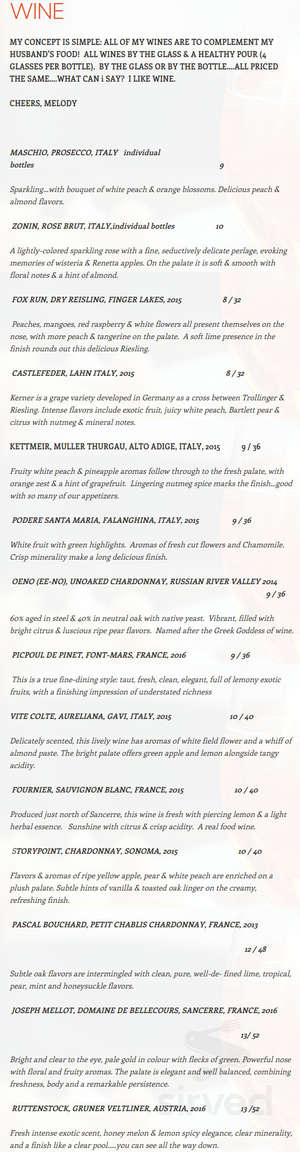 The Silver Fork menu in Manchester, Vermont, USA