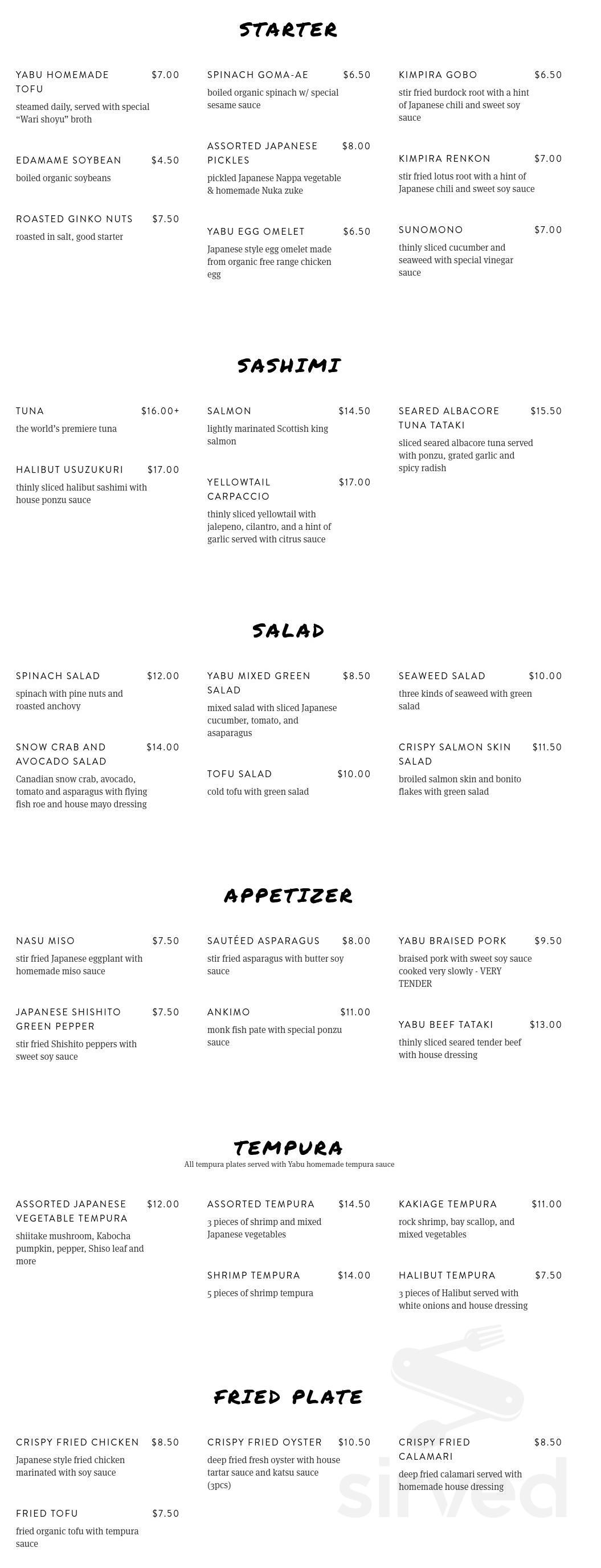 Yabu menus in Los Angeles, California, United States