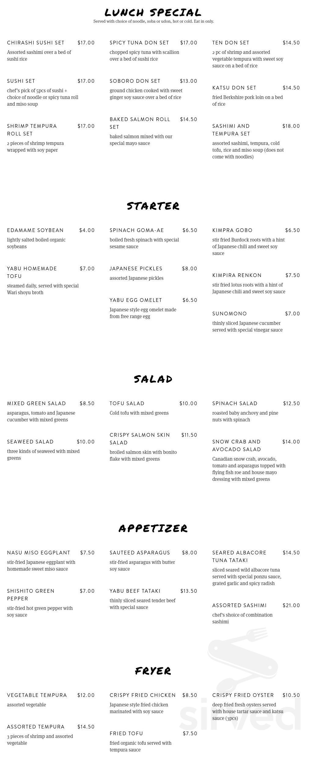 Yabu menus in Los Angeles, California, United States