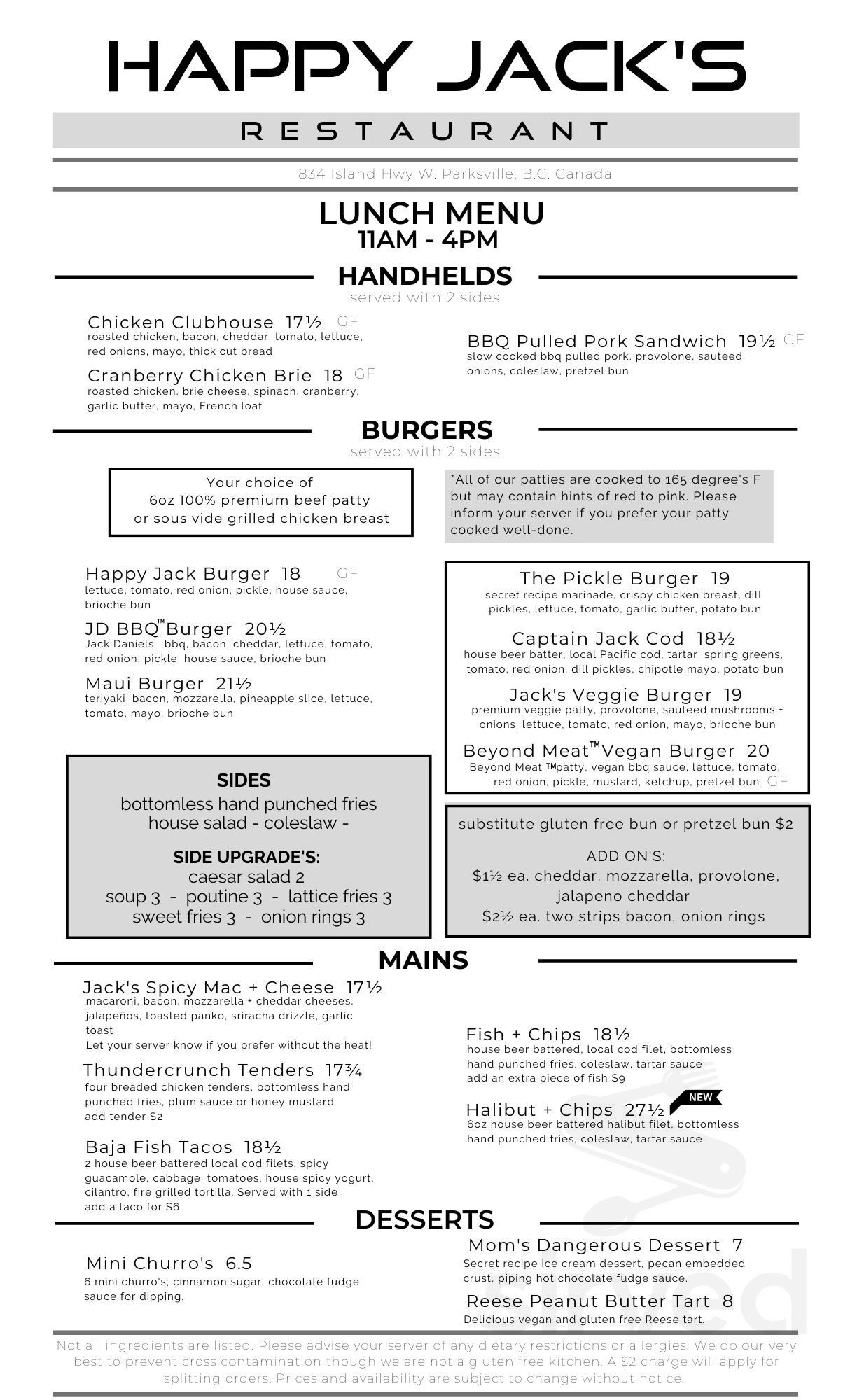 Menu - Parksville BC's Happy Jack's Restaurant | Sirved